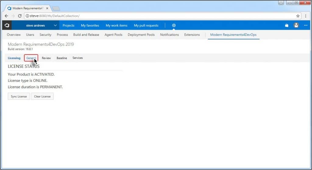 Admin Panel of Modern Requirements4DevOps - Modern Requirements