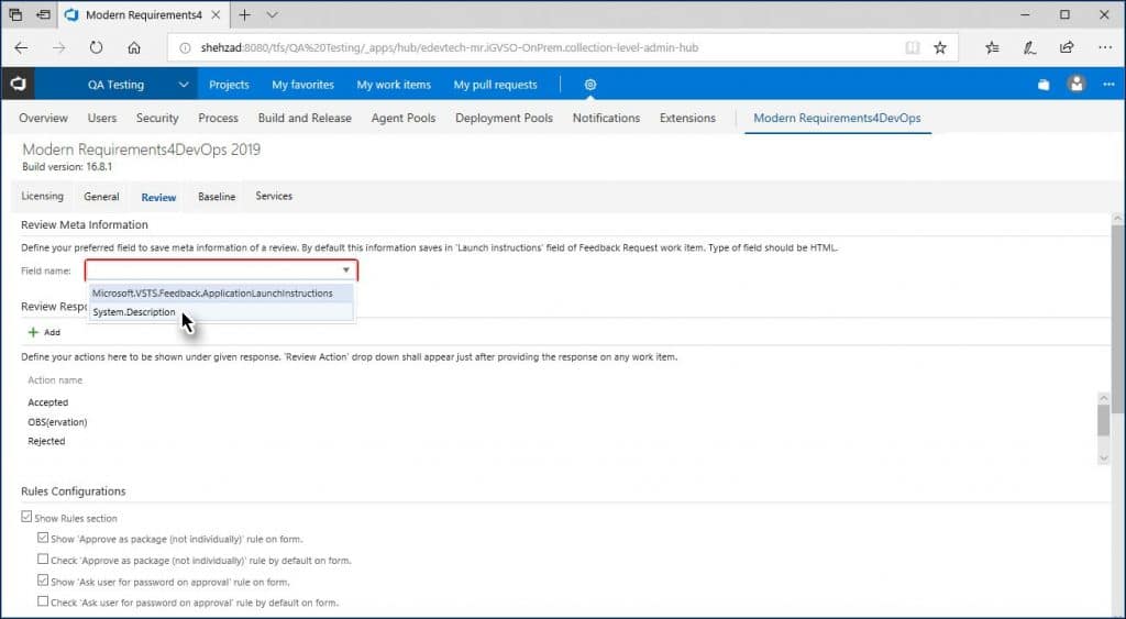 Admin Panel of Modern Requirements4DevOps - Modern Requirements